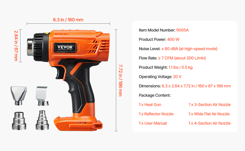 VEVOR Cordless Heat Gun Hot Air Gun with LED Light 6 Temperatures & 4 ...