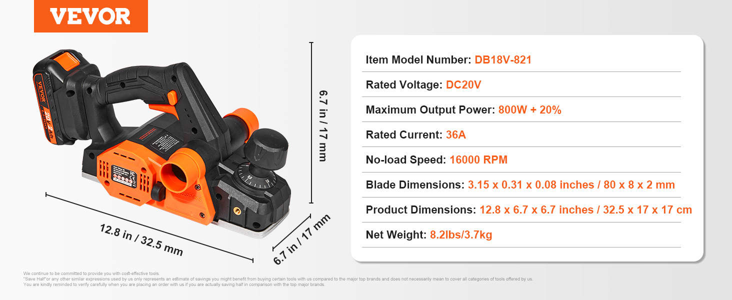 VEVOR Cordless Electric Hand Planer, 3-1/4" Width, 16000 RPM Handheld ...