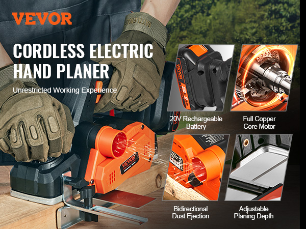 VEVOR Cordless Electric Hand Planer, 3-1/4" Width, 16000 RPM Handheld ...