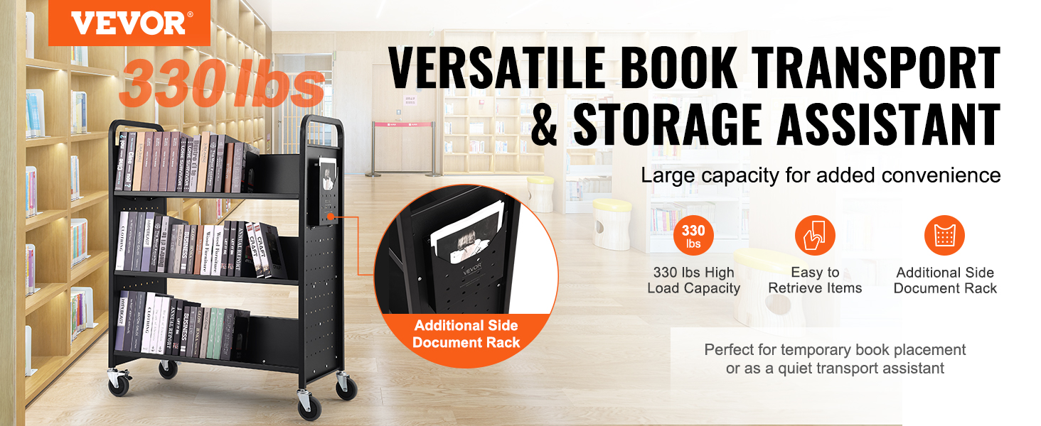VEVOR Book Cart, 330 lbs Library Cart, 39.4" x 20.1" x 49.2" Rolling ...