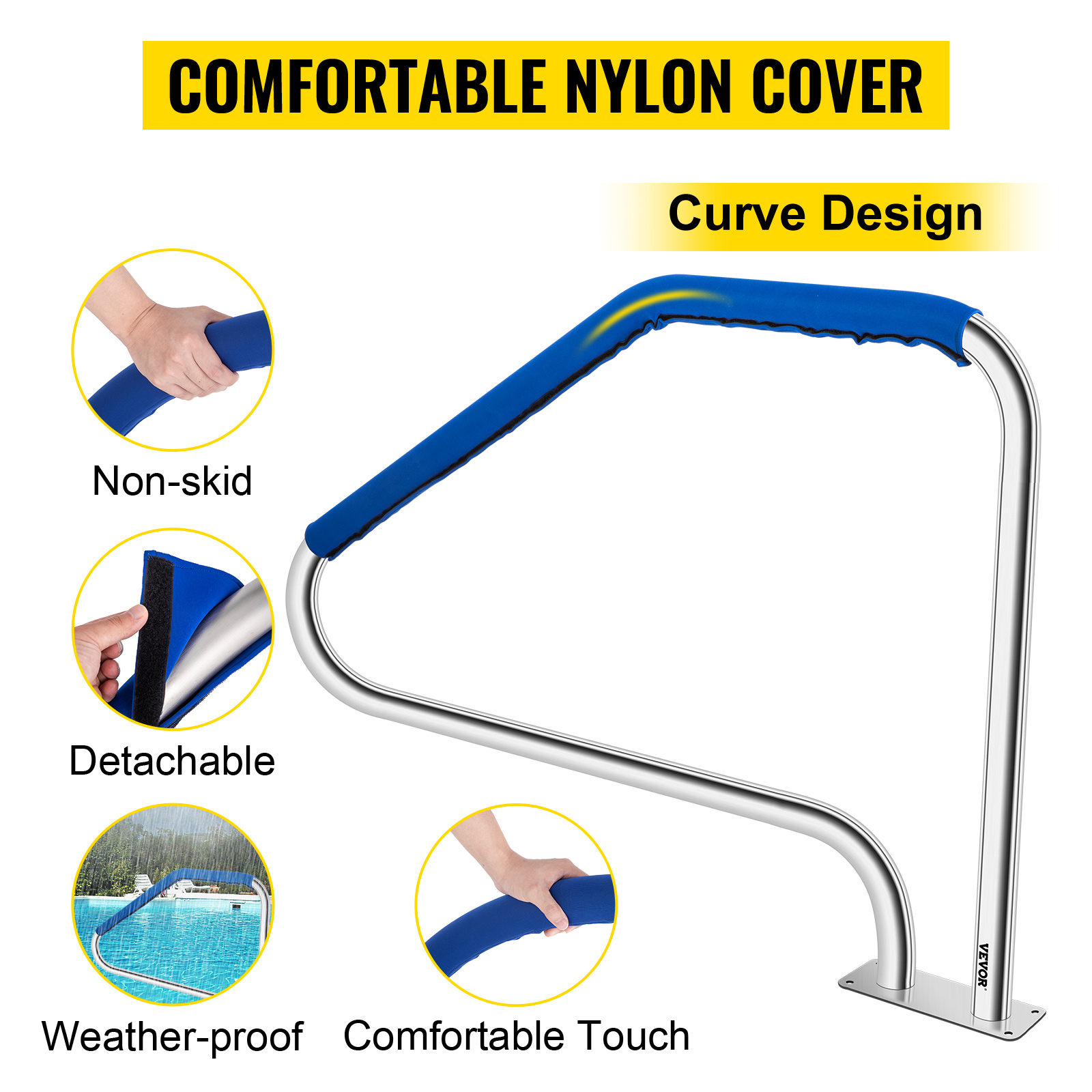 VEVOR Pool Handrail, 49.4" x 34" Swimming Pool Stair Rail, 304 ...