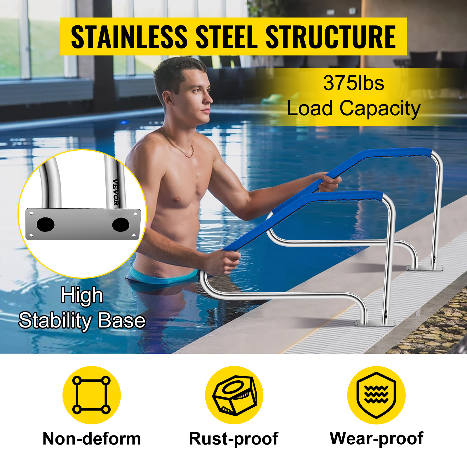 VEVOR Pool Handrail, 49.4" x 34" Swimming Pool Stair Rail, 304 ...