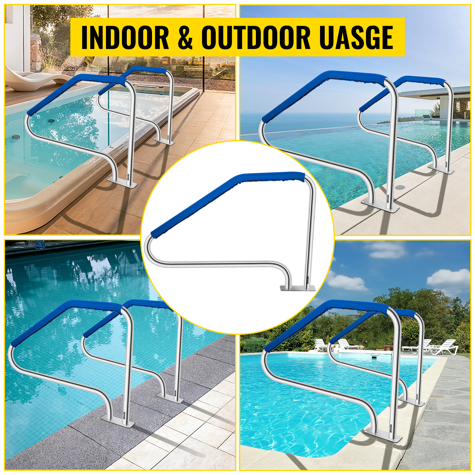 VEVOR Pool Handrail, 49.4" x 34" Swimming Pool Stair Rail, 304 ...