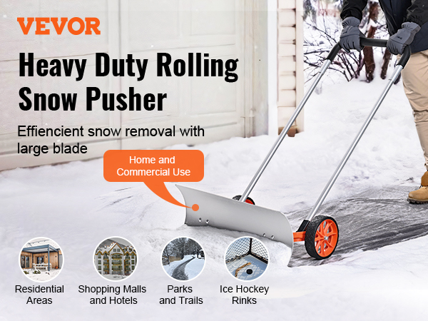 VEVOR Snow Shovel with Wheels, 30 inch Snow Shovel for Driveway, Metal ...