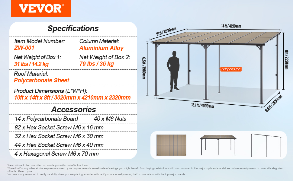 VEVOR 10' x 14' Lean to Gazebo for Patio Hard Top Pergola Aluminum ...