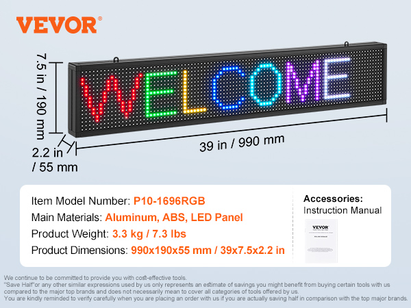 VEVOR Programmable LED Sign, P10 Full Color LED Scrolling Panel, DIY ...
