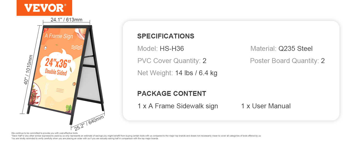 VEVOR A Frame Sidewalk Sign, 24x36 Inch Heavy Duty Slide-in Signboard ...