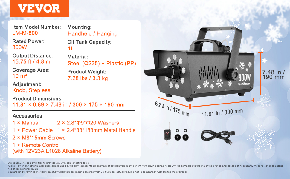 VEVOR Snow Machine 800W Handheld Hanging Snow Maker with LED Light for ...