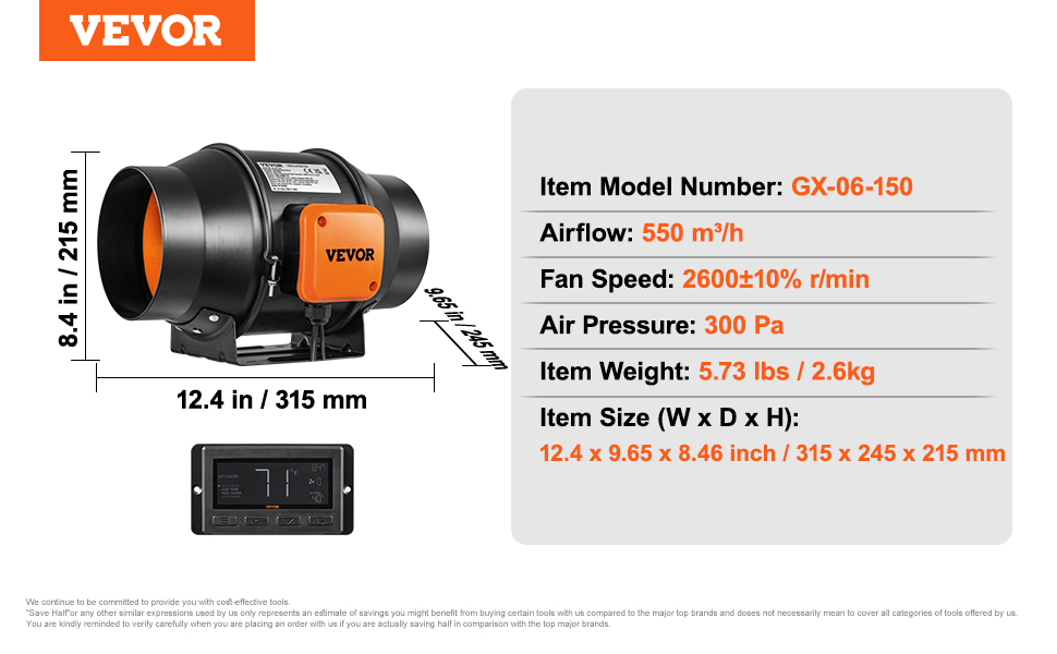 VEVOR 152.4mm Inline Duct Fan HVAC Exhaust Blower Kit EC Variable Speed ...