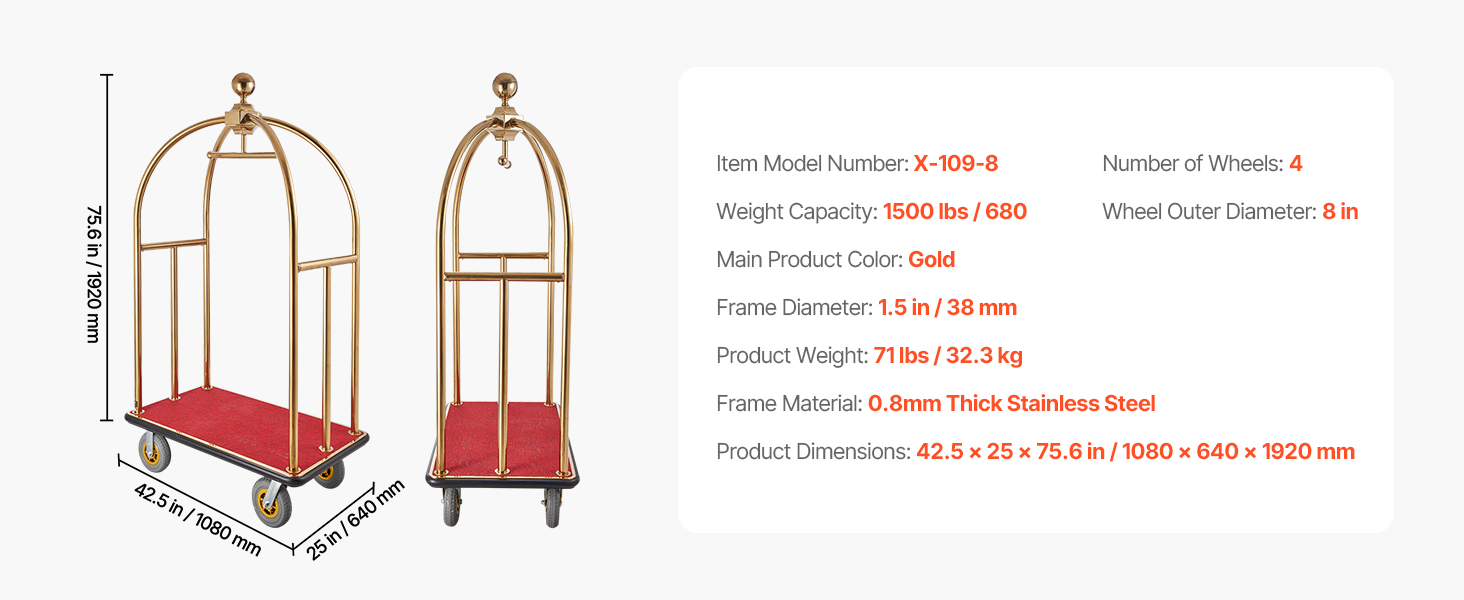 VEVOR Hotel Luggage Cart 1500 LBS Stainless Steel Bellman's Cart Curved ...