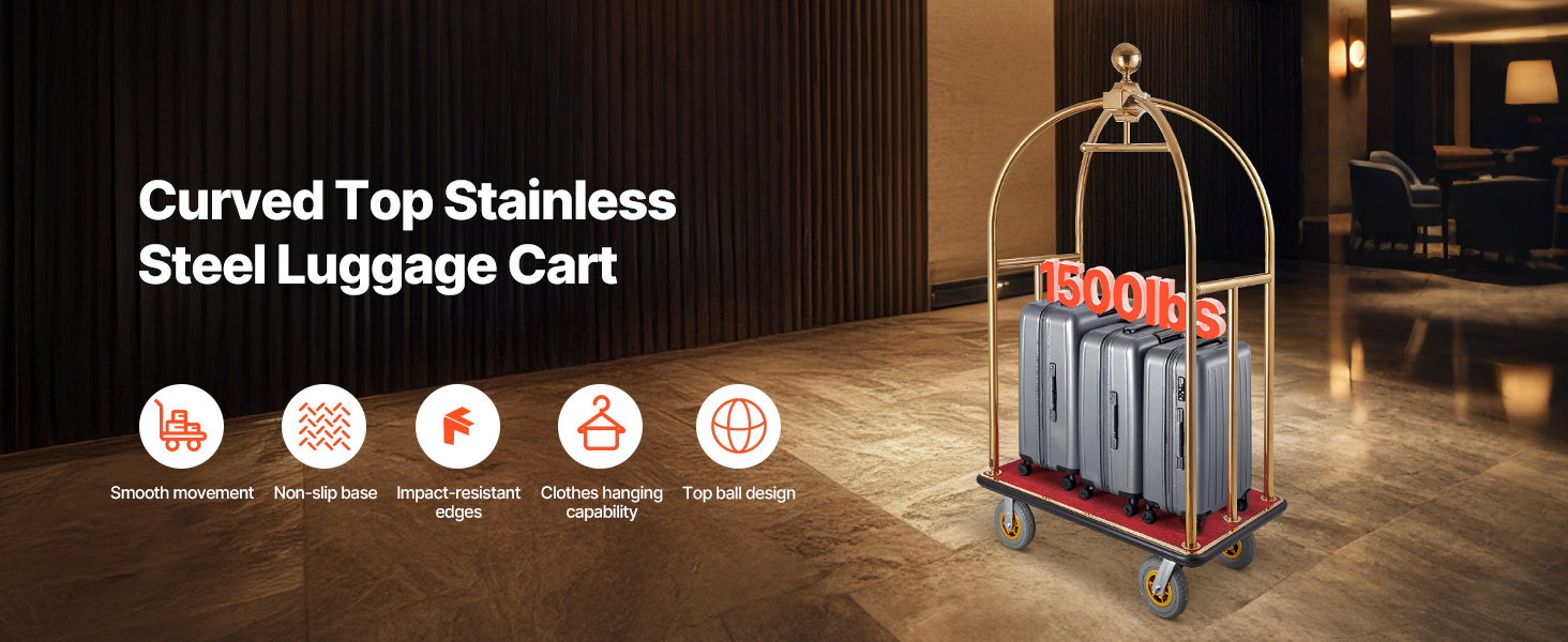 VEVOR Hotel Luggage Cart 1500 LBS Stainless Steel Bellman's Cart Curved ...