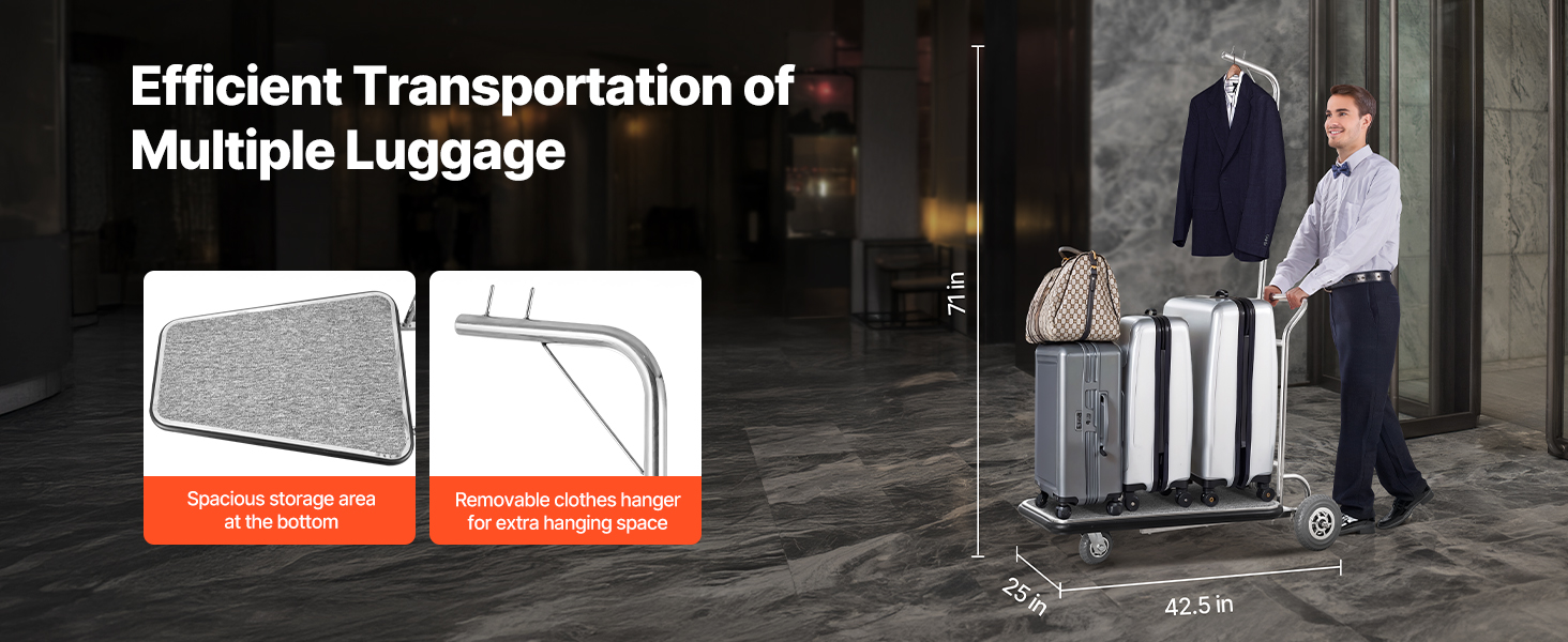 VEVOR Luggage Cart 600 LBS 3 Wheel Stainless Steel Finish Bellman's ...