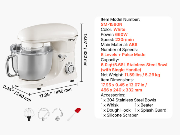 VEVOR Stand Mixer 5.9 QT Electric Dough Mixer 660W 6 + P Speeds Food ...