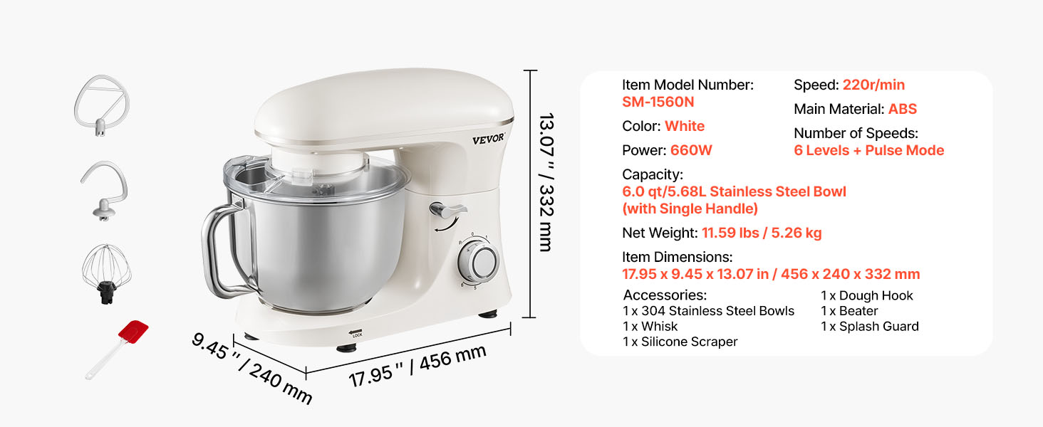 VEVOR Stand Mixer 5.9 QT Electric Dough Mixer 660W 6 + P Speeds Food ...