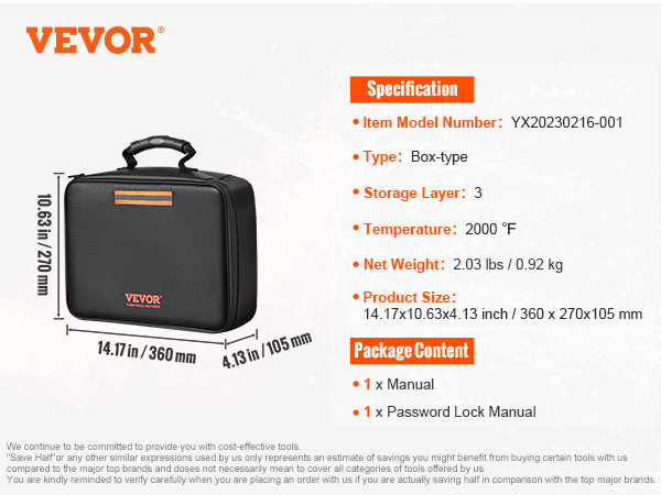VEVOR Fireproof Document Box, Fireproof Document Bag with Lock 2000℉, 3 ...