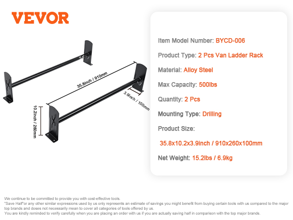 VEVOR Van Roof Ladder Rack, 2 Bars Alloy Steel Roof Racks, 500 LBS ...