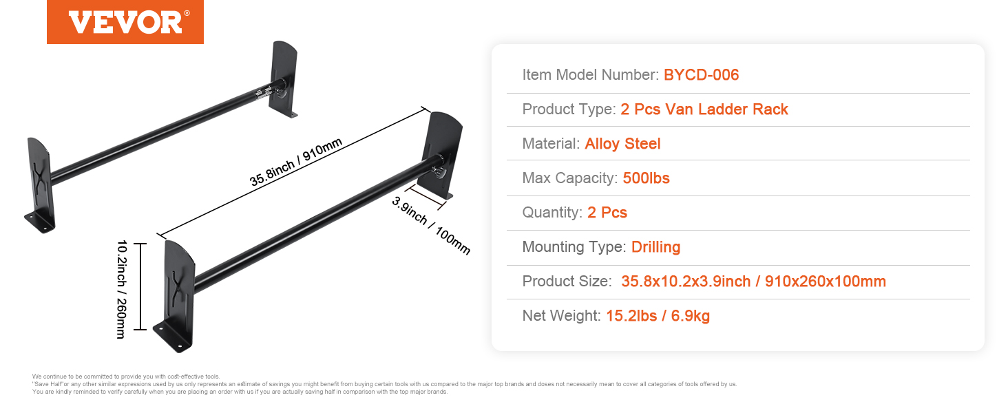 VEVOR Van Roof Ladder Rack, 2 Bars Alloy Steel Roof Racks, 500 LBS ...