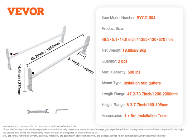 VEVOR Van Roof Ladder Rack, 2 Bar Alloy Steel Ladder Racks, Adjustable ...