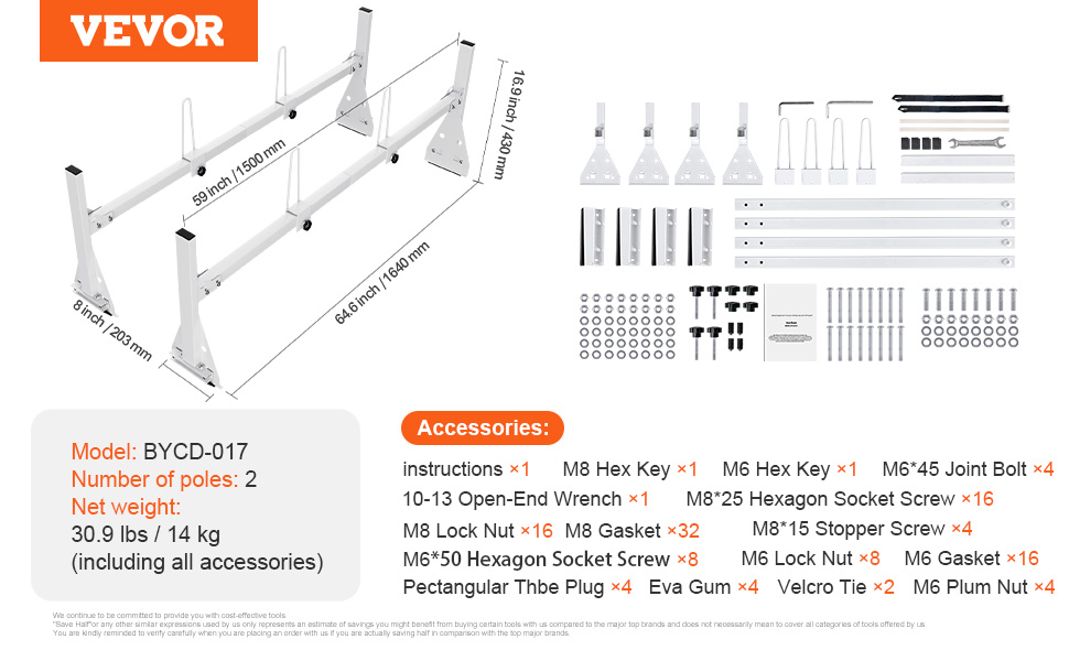 VEVOR Trailer Ladder Rack Van Roof Ladder Rack 600 lbs 56.7-63 inch ...