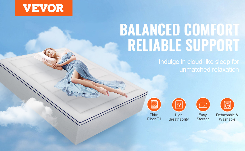 VEVOR Mattress Topper Fiber Fill Detachable & Washable Queen Size 1 in ...