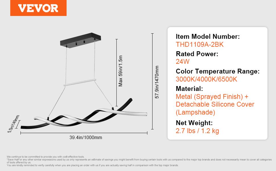 VEVOR Modern Chandelier Light Fixtures Dimmable LED Pendant Light ...