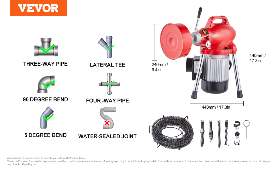 VEVOR Drain Cleaner Machine 66FT x 5/8In 250W Sectional Snake Auger ...