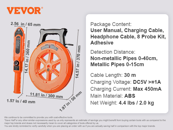 VEVOR Pipe Blockage Detector Locators 100ft/30m Waterproof for PVC ...