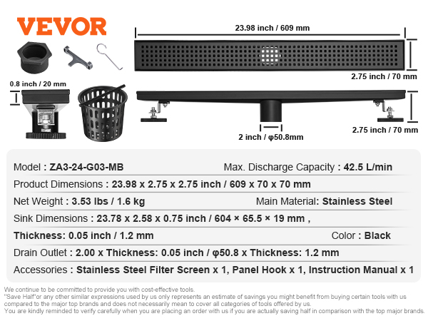 VEVOR 24-Inch Linear Shower Drain with Square Pattern Grate,Brushed 304 ...