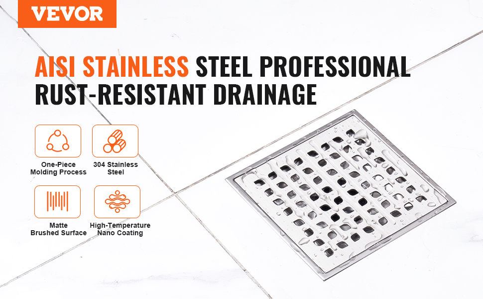 VEVOR 16Inch Linear Shower Drain with Square Pattern Grate,Brushed 304 ...