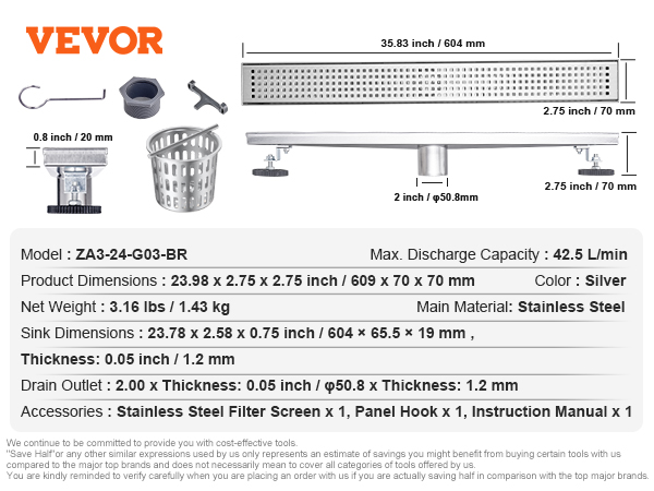 VEVOR 24Inch Linear Shower Drain with Square Pattern Grate,Brushed 304 ...