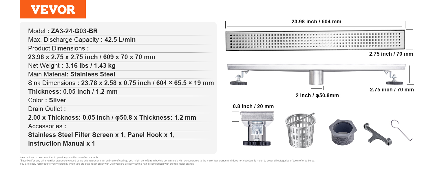 VEVOR 24Inch Linear Shower Drain with Square Pattern Grate,Brushed 304 ...