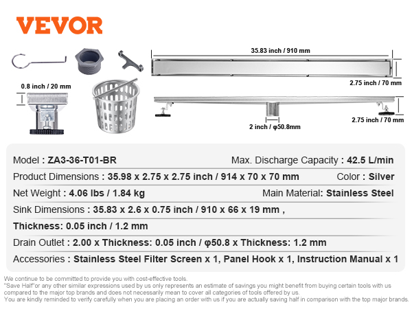 VEVOR 610mm Linear Shower Drain Offset with Tile Insert Cover,Brushed ...