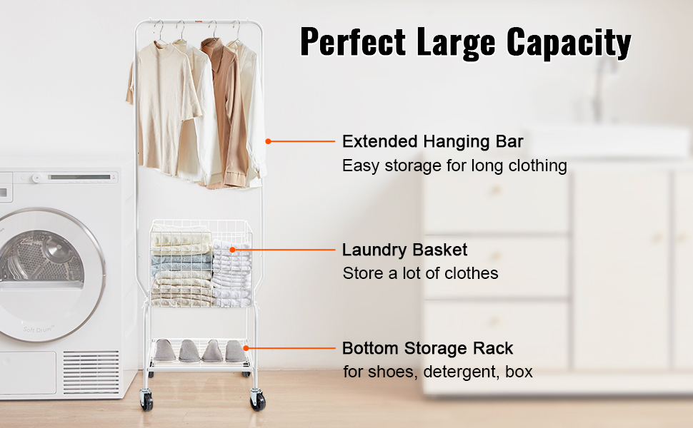 VEVOR Metal Rolling Laundry Basket with Hanging Garment Rack, Height ...