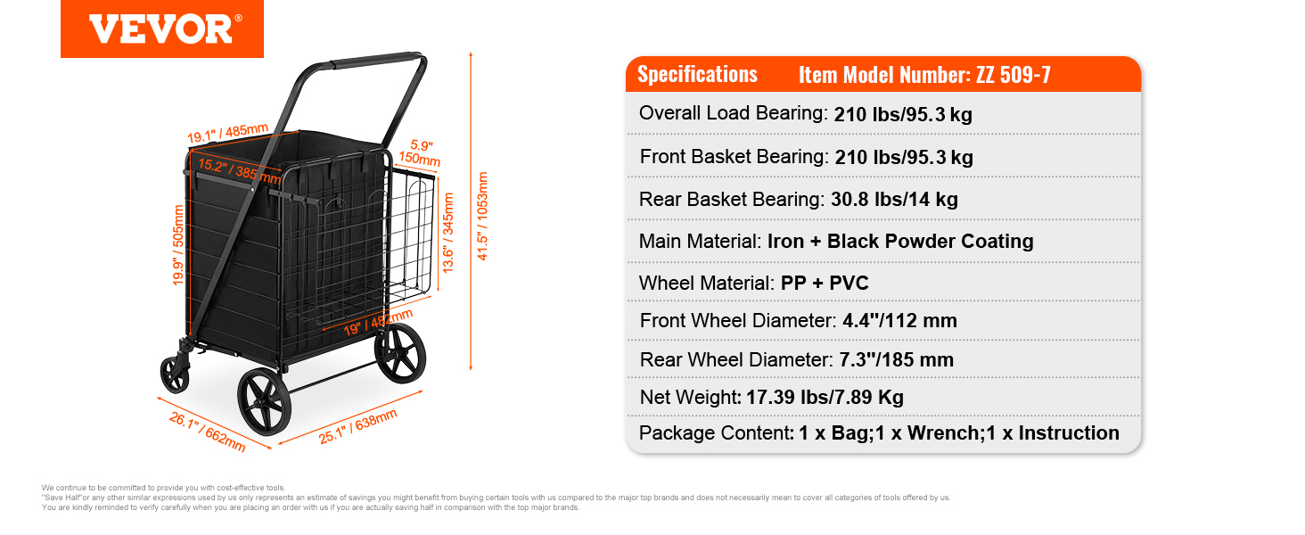 VEVOR Folding Shopping Cart Rolling Grocery Cart with Double Baskets ...