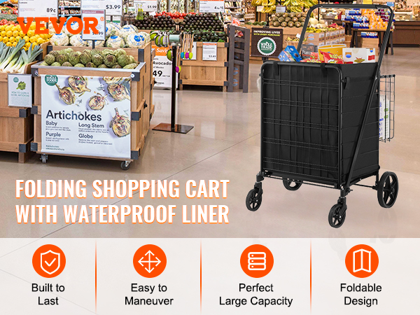 VEVOR Folding Shopping Cart Rolling Grocery Cart with Double Baskets ...