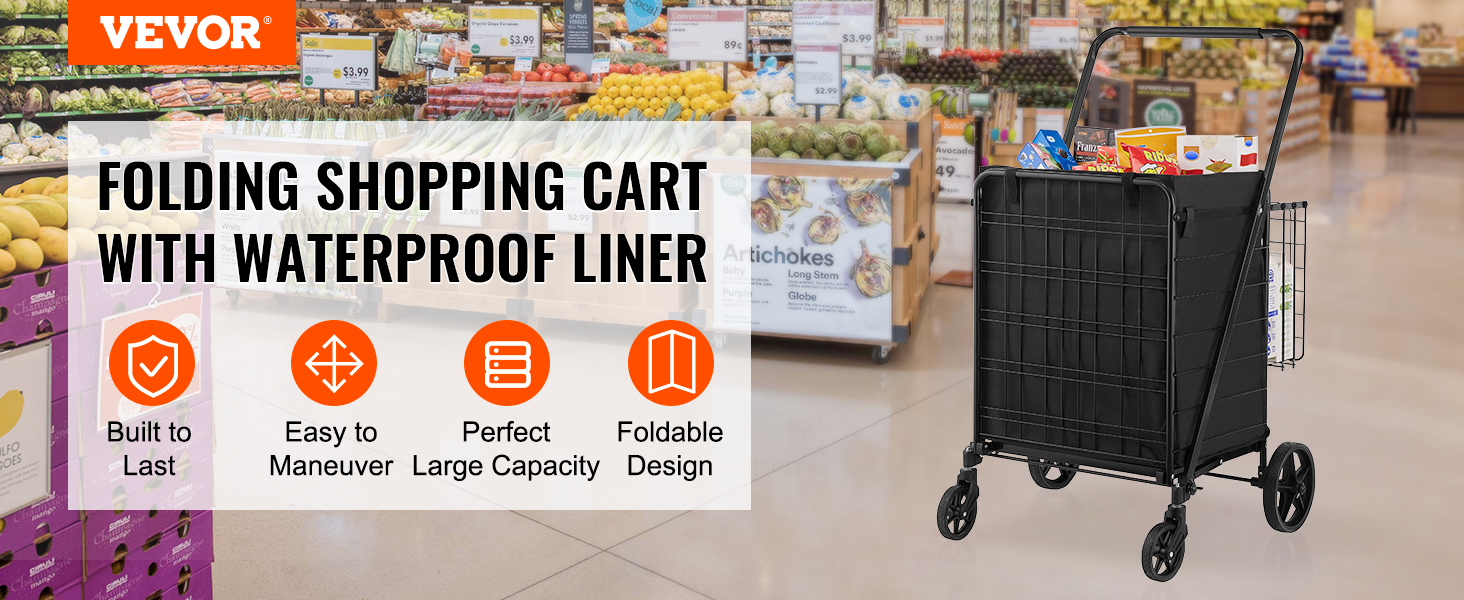 VEVOR Folding Shopping Cart Rolling Grocery Cart with Double Baskets ...