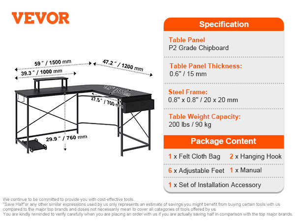 VEVOR L Shaped Computer Desk, 59'' Corner Desk with Storage Bag ...