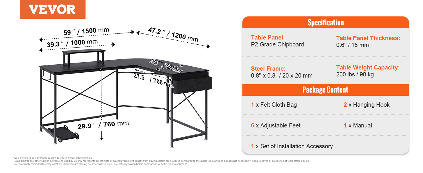 VEVOR L Shaped Computer Desk, 59'' Corner Desk with Storage Bag ...