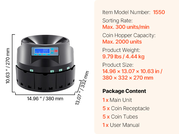 VEVOR USD Coin Sorter Coin Counter Wrapper and Roller 300 Coins/min LCD ...