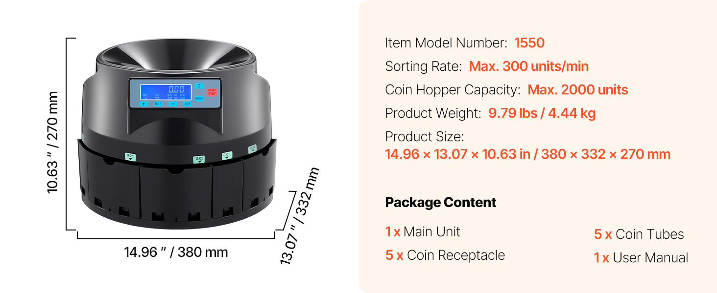 VEVOR USD Coin Sorter Coin Counter Wrapper and Roller 300 Coins/min LCD ...