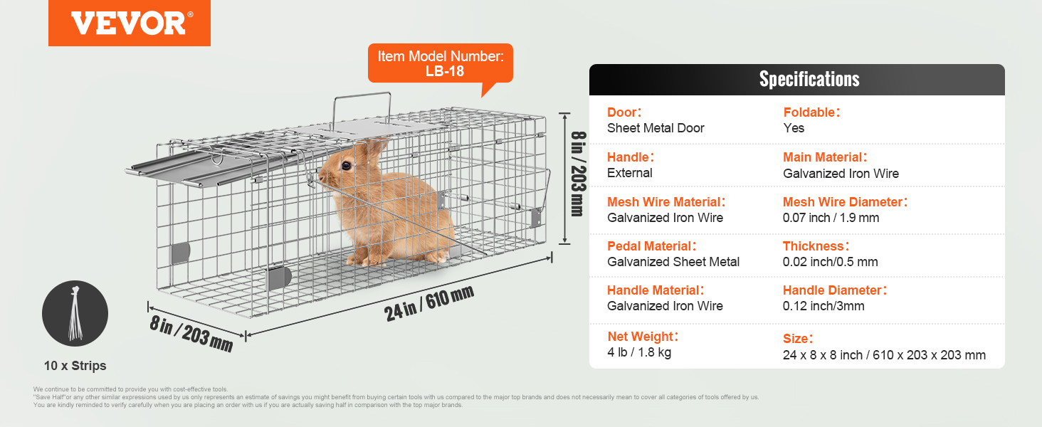 VEVOR Live Animal Cage Trap, 24" x 8" x 8" Humane Cat Trap Galvanized ...