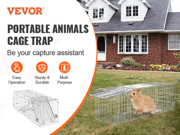 VEVOR Live Animal Cage Trap, 24" x 8" x 8" Humane Cat Trap Galvanized ...