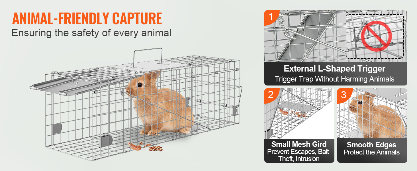 VEVOR Live Animal Cage Trap, 24" x 8" x 8" Humane Cat Trap Galvanized ...