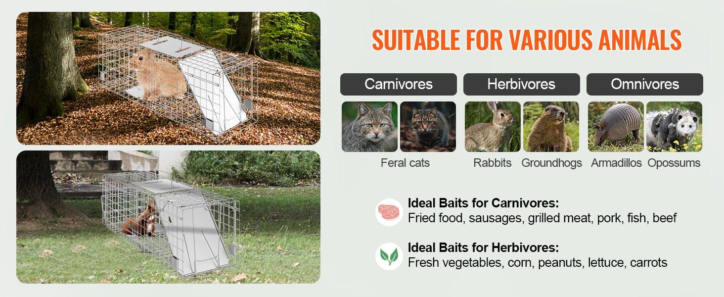 VEVOR Live Animal Cage Trap, 24" x 8" x 8" Humane Cat Trap Galvanized ...