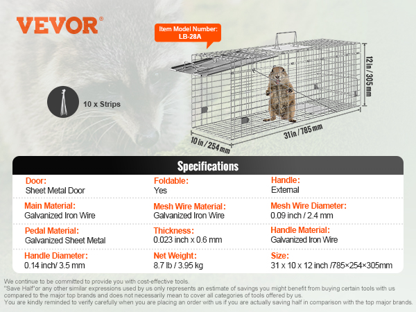 VEVOR Live Animal Cage Trap, 31" x 10" x 12" Humane Cat Trap Galvanized ...