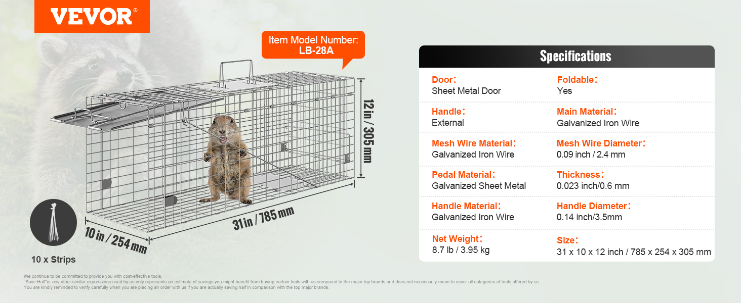 VEVOR Live Animal Cage Trap, 31" x 10" x 12" Humane Cat Trap Galvanized ...