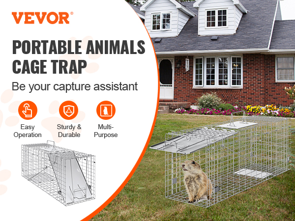 VEVOR Live Animal Cage Trap, 31" x 10" x 12" Humane Cat Trap Galvanized ...