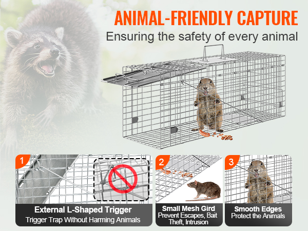 VEVOR Live Animal Cage Trap, 31" x 10" x 12" Humane Cat Trap Galvanized ...