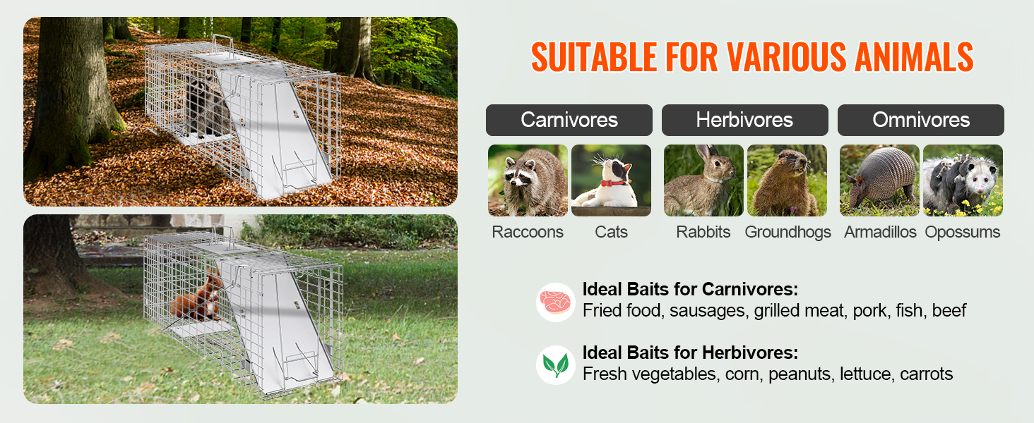 VEVOR Live Animal Cage Trap, 31" x 10" x 12" Humane Cat Trap Galvanized ...