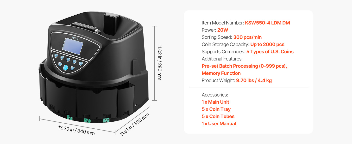 VEVOR Upgraded Coin Counter & Sorter, Coin Sorter and Wrapper Machine with Intuitive Display ...